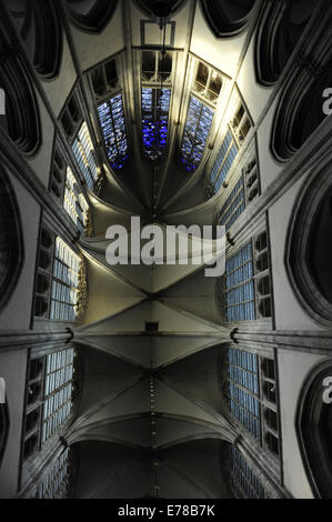 A low-angle shot of a Gothic Protestant Church of Avas, tucked among ...