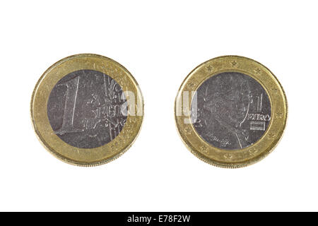 Scratched old One euro coin white isolated Stock Photo - Alamy