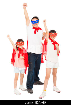 Girl power concept with cute kid guardian against cloudscape background ...
