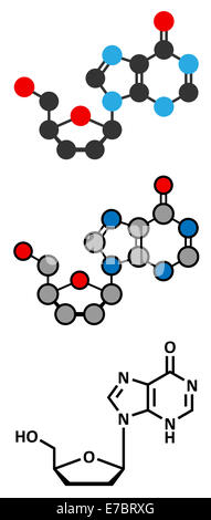 Didanosine (2′,3′-dideoxyinosine, ddI) HIV drug molecule. Atoms are ...