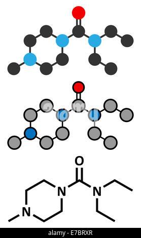 Diethylcarbamazine anthelmintic drug molecule. Stylized skeletal ...