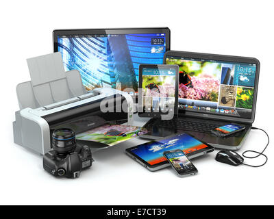 Computer, laptop, mobile phone and digital tablet pc - orange office ...