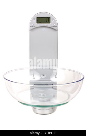 Digital electronic modern kitchen scales with empty bowl on wooden ...