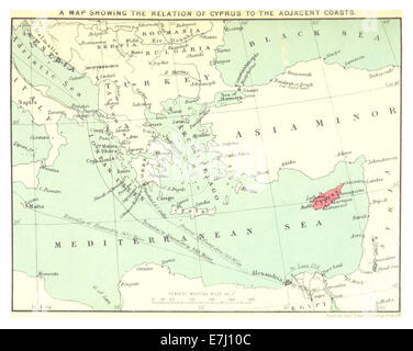 An 1878 vintage map illustration of Cyprus, depicting the island's ...