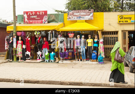 Addis Ababa Ethiopia Africa shops along road in downtown with stalls ...