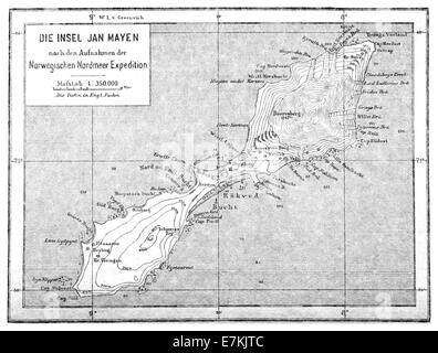The 1884 map of Jan Mayen shows the geographical features of the island ...