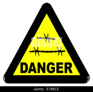 A barbed wire warning sign over a white background Stock Photo - Alamy