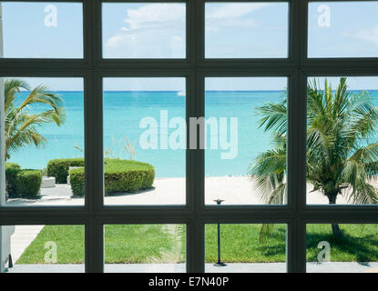 View through multi-paned window over St David's Castle and ...