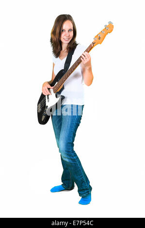 Female rock star playing a bass guitar isolated on white background ...