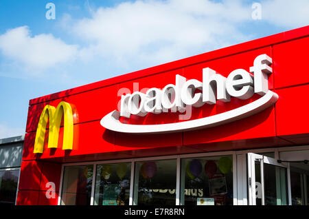 Roadchef motorway service station sign with McDonalds and Costa Coffee ...