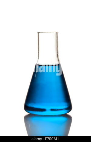 Conical flask with light blue liquid isolated on white Stock Photo - Alamy