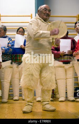 Traditional Inuit drum dancing (and choir singing) at the sports hall ...