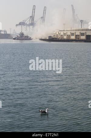 Smoke rises from a dock after explosions were heard at La Guaira port ...