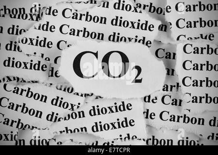 Torn pieces of paper with the word "Carbon Dioxide". Black and White ...