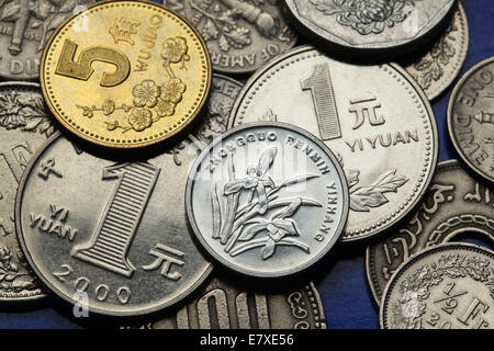 Coins of China. Iris or orchid flowers depicted in the Chinese one Jiao ...