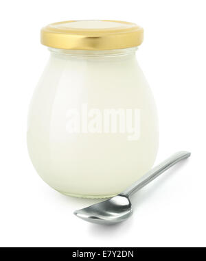 Fresh yogurt in glass jar with berry fruits on dark background. Healthy ...