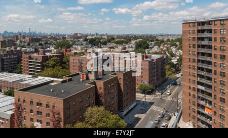 Aerial view of the buildings and streets of Rego Park area in Queens ...