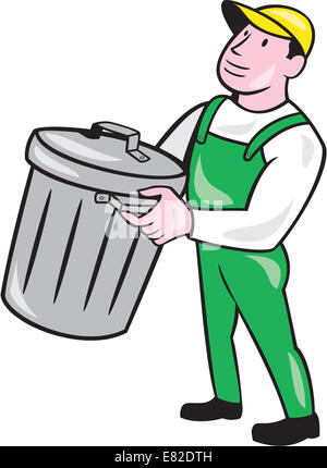 Illustration of a garbage collector carrying garbage waste rubbish bin ...