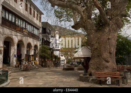 The square and ancient plane tree in the village of Arna on the slopes ...