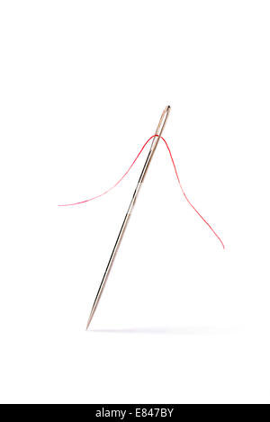 Sewing needle with red thread isolated on white, top view Stock Photo ...