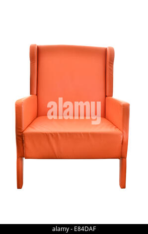 Design Modern Retro orange chair and ottoman by blue wall Stock Photo ...