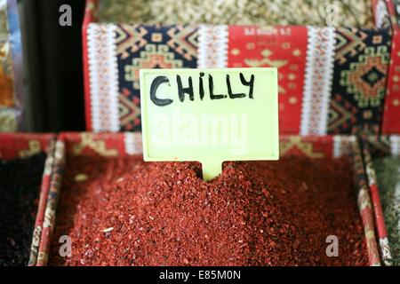 red colored set of dried chilly spice in the oriental store Stock Photo ...