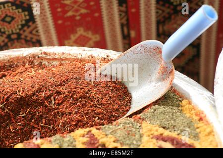 red colored set of dried chilly spice in the oriental store Stock Photo ...
