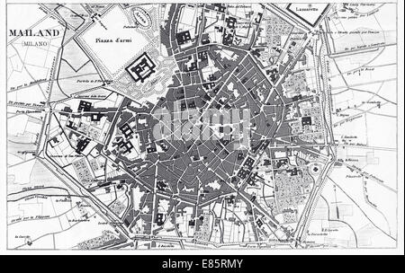 Historical map of Milan, Italy, 19th century, Historische ...
