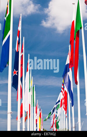 colorful lots of flags of many world nations hanging during the ...