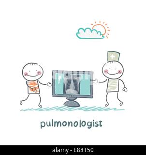 pulmonologist, chest X-ray shows a patient. Fun cartoon style ...