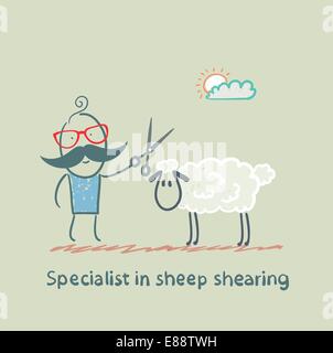 Specialist sheep shearing. Fun cartoon style illustration. The ...