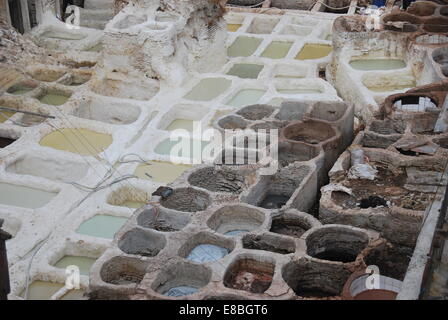 Morocco. Fez. tannery. Medina. Curing skins. Dyeing skins. UNESCO site ...