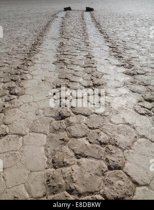 Moving rocks at The Racetrack dry lake, Mojave Desert in Death Valley ...