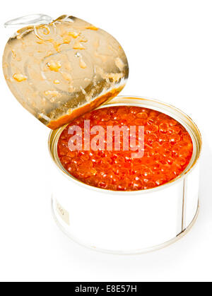 Open tin can with red caviar on a white background. Red caviar close-up ...