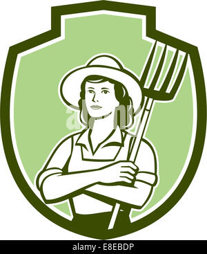 Female Organic Farmer Pitchfork Shield Retro Stock Photo - Alamy