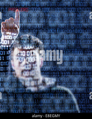 Hand pointing into a digital binary codes- concept for futuristic wave and futuristic data ...