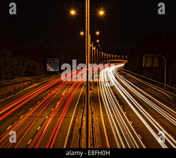 Illuminated light line, dividing the street path in Central Belfast at ...