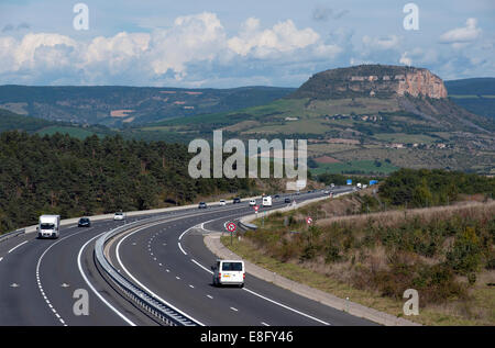 France A75 Autoroute looking north towards Volcanic Plug in Gorges du ...