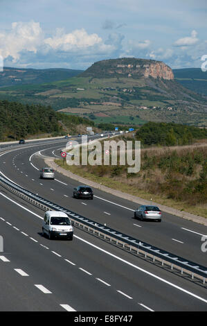 France A75 Autoroute looking north towards Volcanic Plug in Gorges du ...