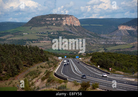 France A75 Autoroute looking north towards Volcanic Plug in Gorges du ...