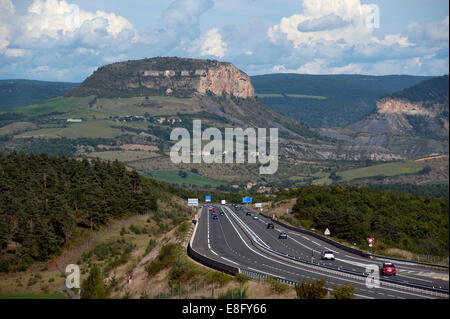 France A75 Autoroute looking north towards Volcanic Plug in Gorges du ...