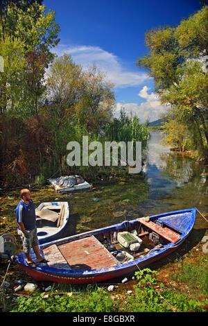 Fishing boat in lake Trichonida (or "Trichonis"), the largest Greek ...