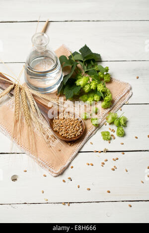 Ingredients for brewing beer, hops, water, barley Stock Photo - Alamy