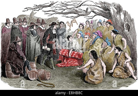 William Penn treaty with Native Americans in Pennsylvania 1680s. Hand ...