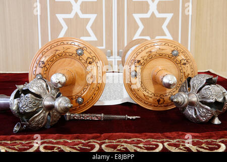 Torah scroll and the two Rimonim Stock Photo - Alamy