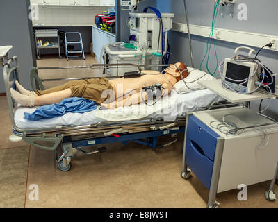 Hospital training dummy on hospital bed with mouth open. Horizontal ...