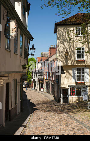 Cobbled street and shops of the medieval street of Elm Hill in Norwich ...