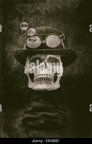 Human skeleton wearing a black hat and leather jacket Stock Photo - Alamy