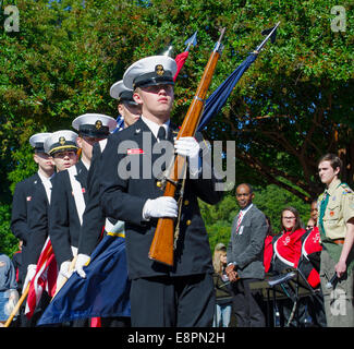 A US Navy Color Guard of ROTC Cadets presents the American, Navy and ...