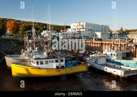Alma, New Brunswick lobster fishing boats in harbour at low tide in the ...